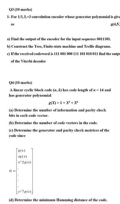 Q3 (10 marks) 1- For 1/3, L=3 convolution encoder | Chegg.com