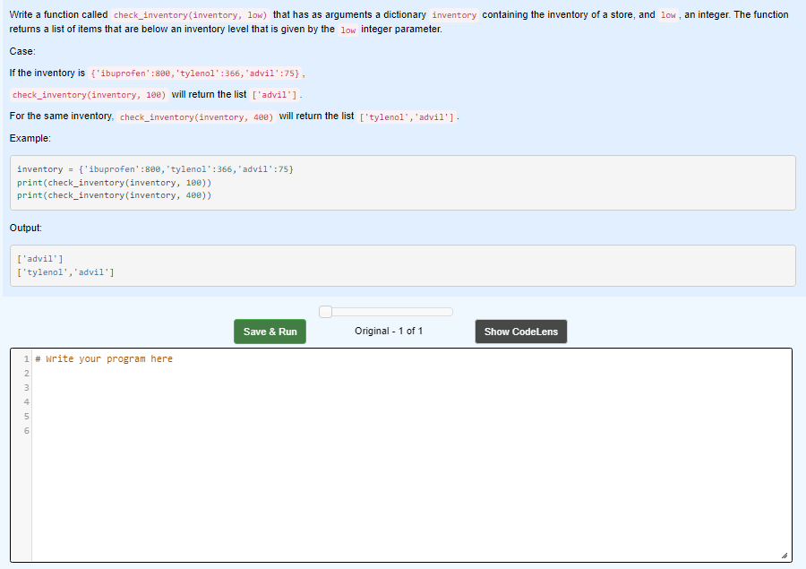 Solved Write a function called check_inventory (inventory, | Chegg.com