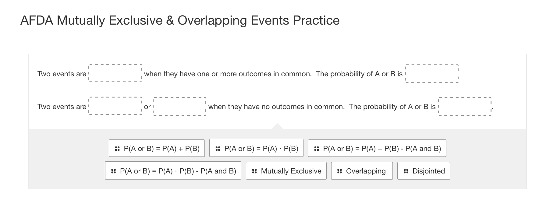 Solved AFDA Mutually Exclusive & Overlapping Events Practice | Chegg.com
