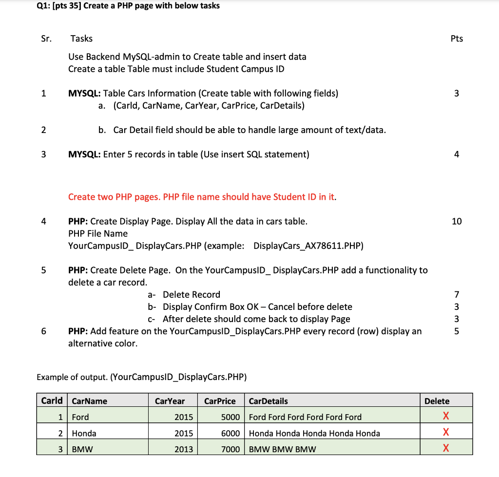 Solved Q1: [pts 35] Create a PHP page with below tasks Sr. | Chegg.com