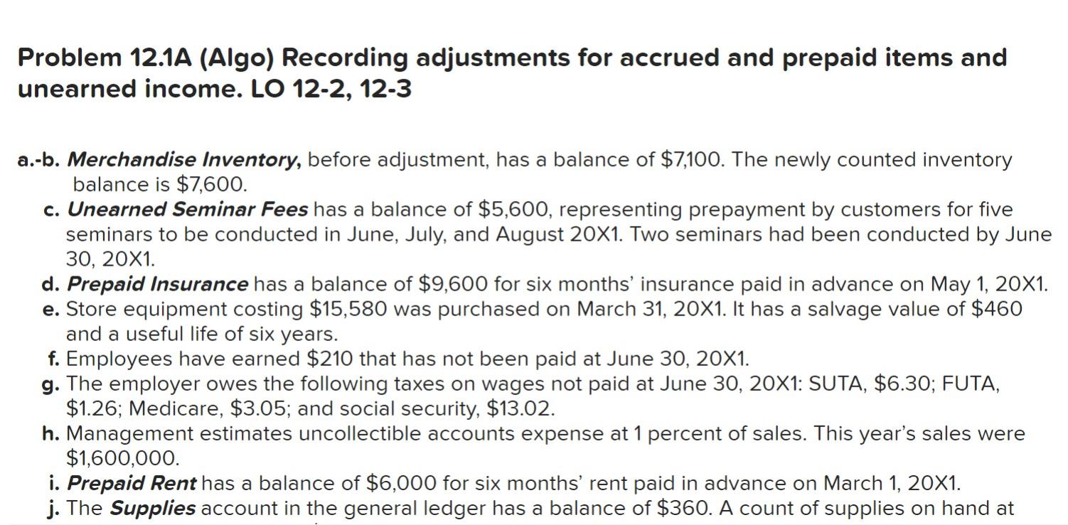 Solved Problem 12.1A (Algo) Recording adjustments for | Chegg.com