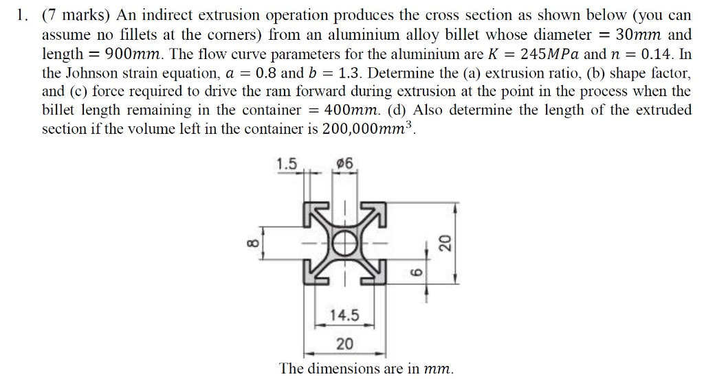 1. (7 marks) An indirect extrusion operation produces | Chegg.com