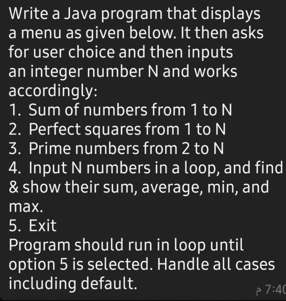 Solved Write a Java program that displays a menu as given | Chegg.com