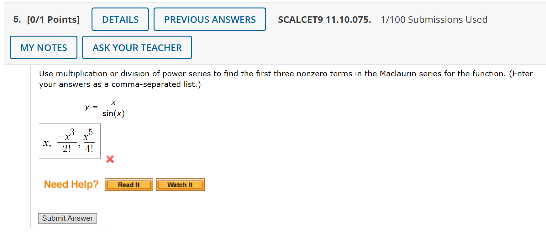 Solved 0/1 Points] SCALCET9 11.10.075. 1/100 Submissions | Chegg.com