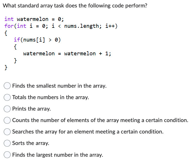 Solved What standard array task does the following code | Chegg.com