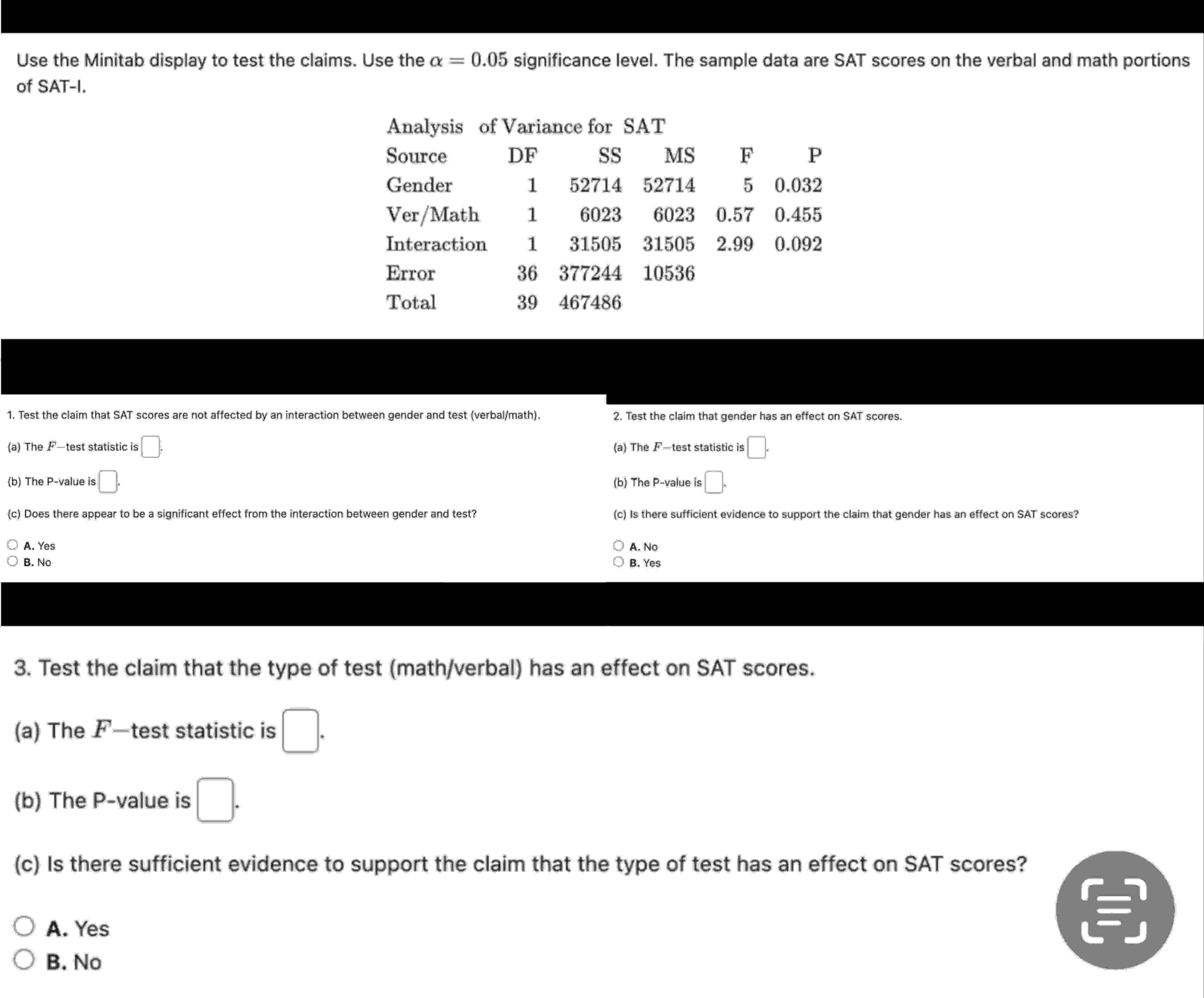 Solved 1.Test the claim that SAT scores are not affected by | Chegg.com