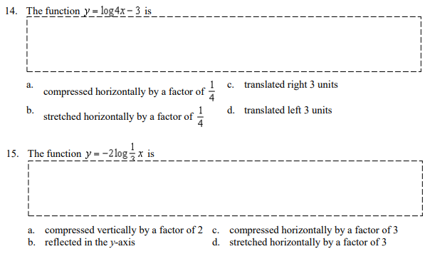 Solved 14. The function y = log4x – 3 is . a. 1 c. | Chegg.com