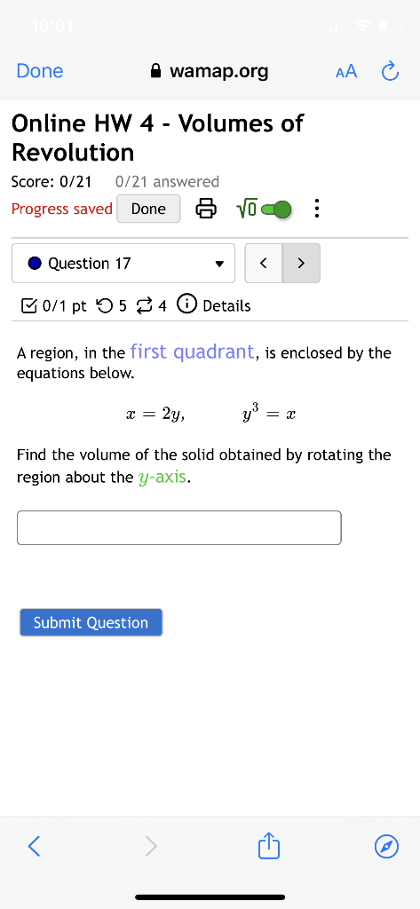Solved Done wamap.org АА Online HW 4 Volumes of Revolution | Chegg.com