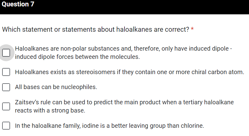 Solved Which statement or statements about haloalkanes are | Chegg.com