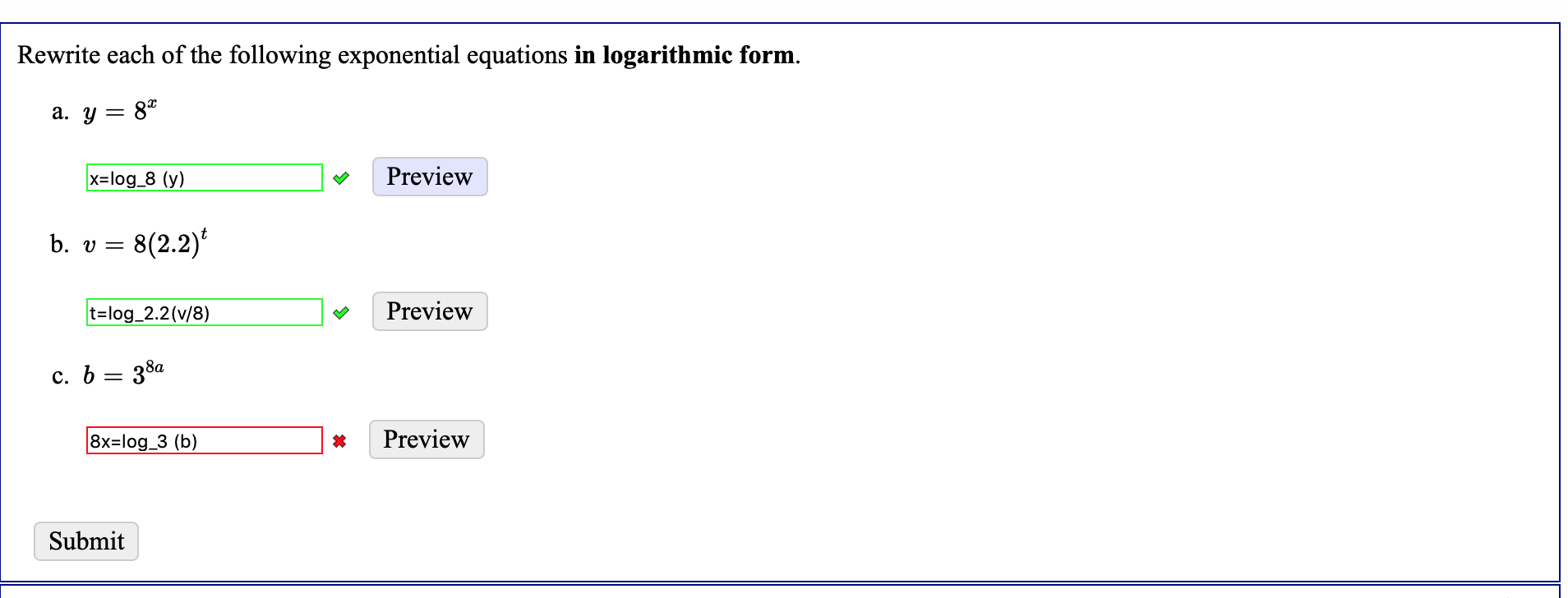 Solved Rewrite each of the following exponential equations | Chegg.com
