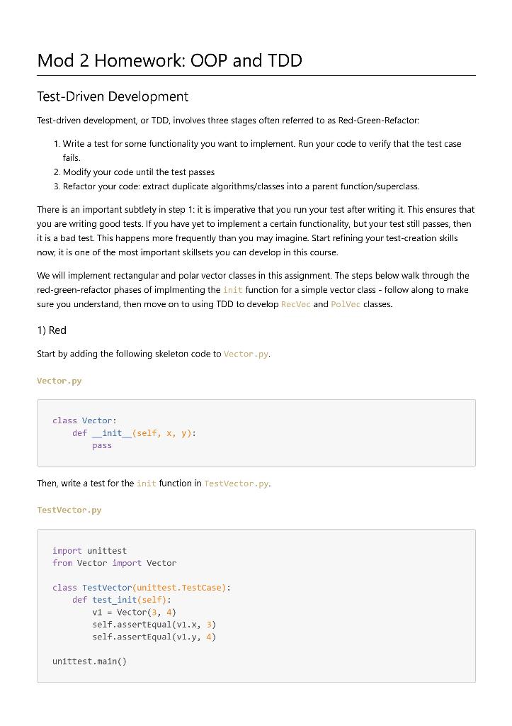 Mod 2 Homework: OOP and TDD Test-Driven Development | Chegg.com