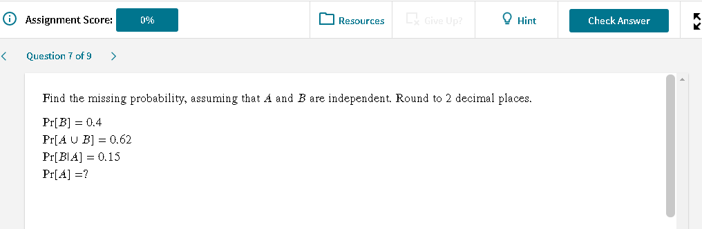 Solved Assignment Score: 0% O Resources Hint Check Answer