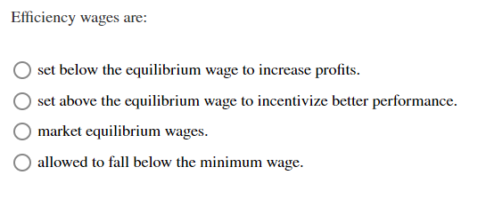 Solved Efficiency wages are:set below the equilibrium wage | Chegg.com