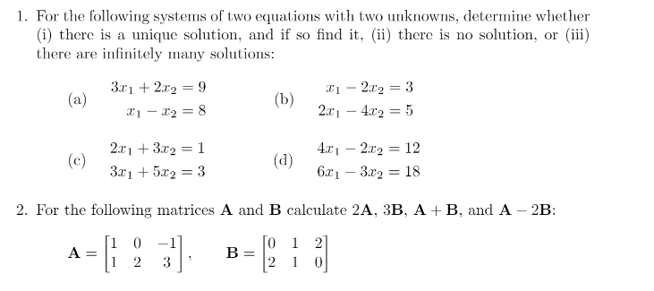 Solved 1. For the following systems of two equations with | Chegg.com