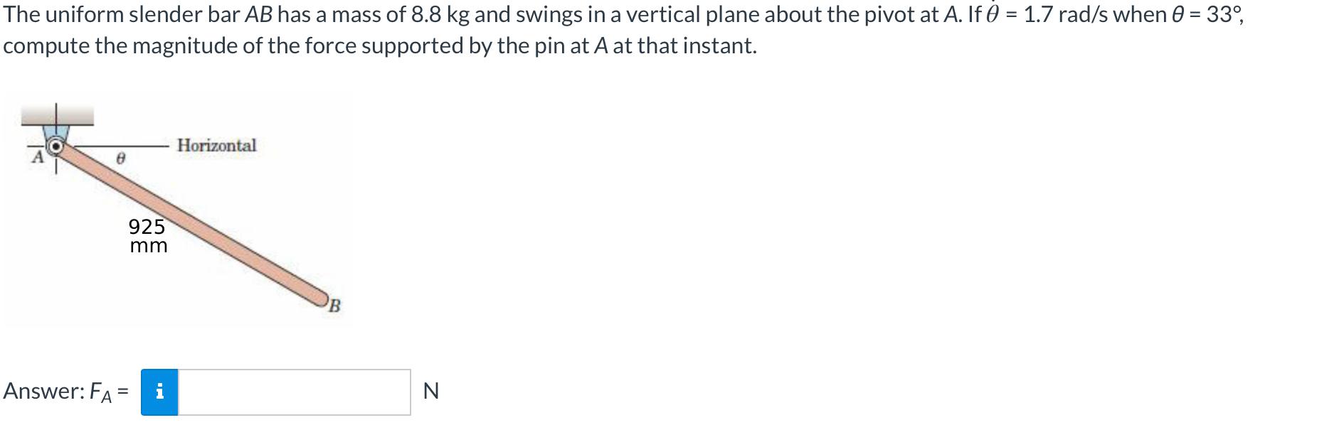 Solved The uniform slender bar AB has a mass of 8.8 kg and | Chegg.com