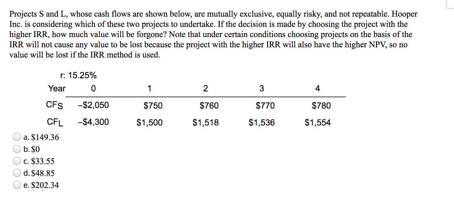 Solved Projects S and L, whose cash flows are shown below, | Chegg.com