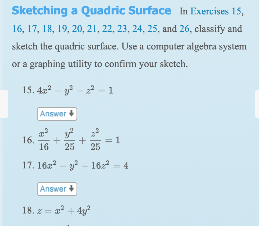 Solved Sketching a Quadric Surface In Exercises 15, 16, 17, | Chegg.com