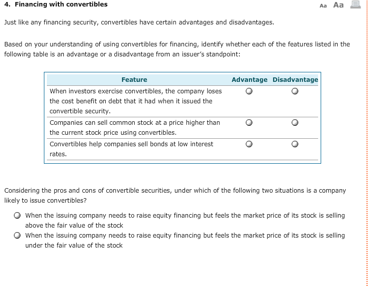 Solved 4. Financing with convertibles Aa Aa Just like any | Chegg.com