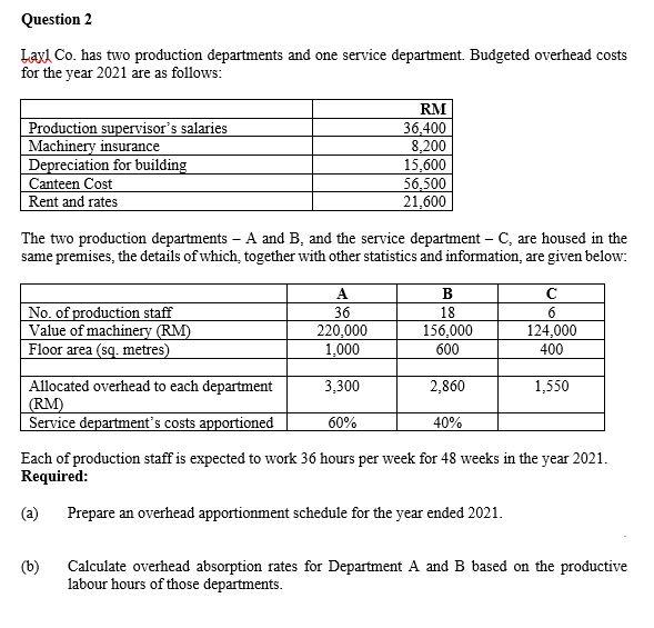 Solved Question 2 Layl Co. has two production departments | Chegg.com