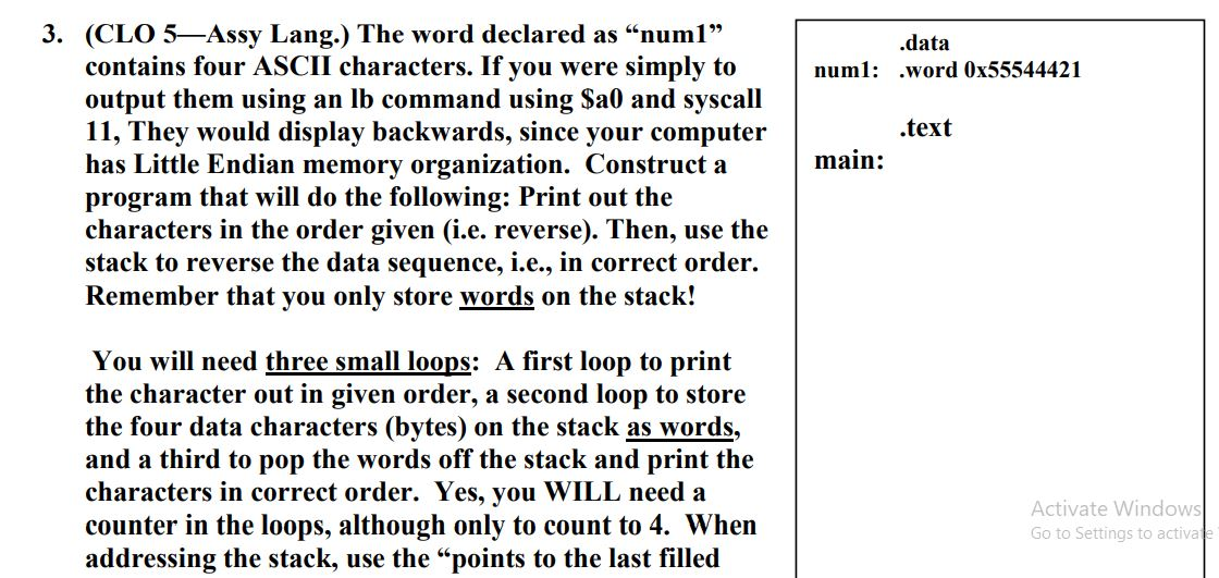 Solved .data numl: .word 0x55544421 .text 3. (CLO 5—Assy | Chegg.com