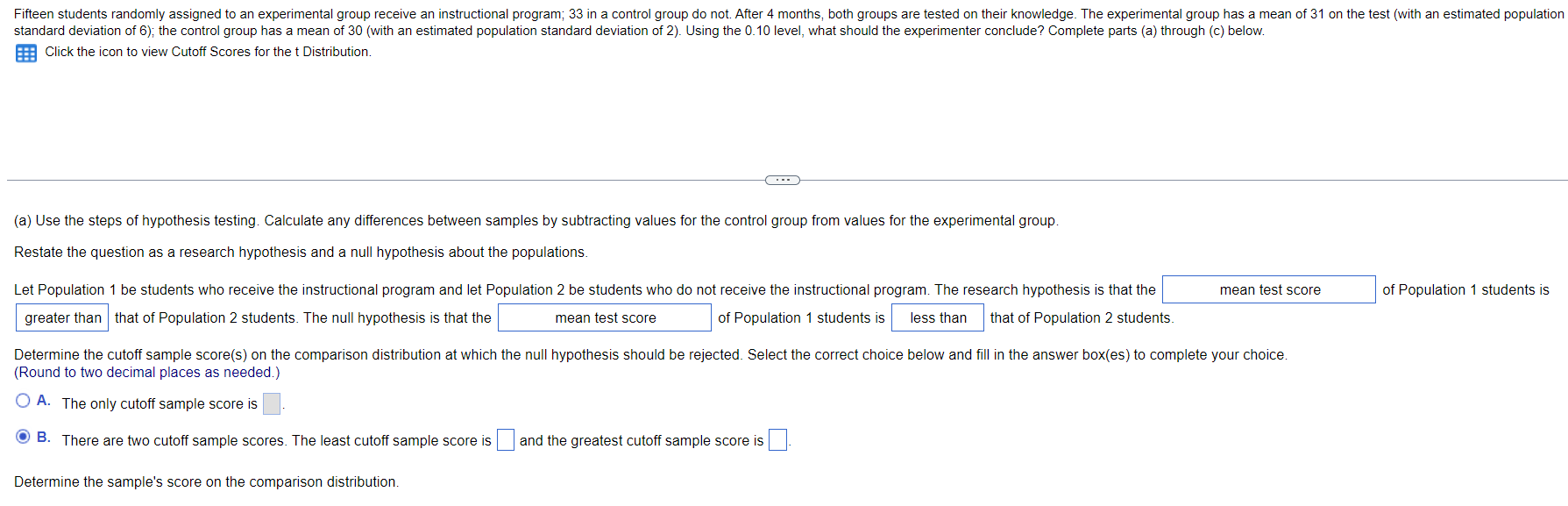 Click the icon to view Cutoff Scores for the t | Chegg.com