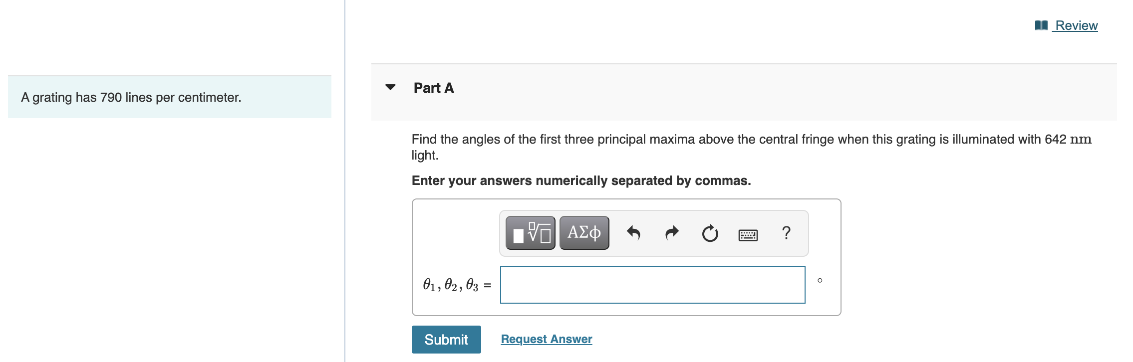 Solved A grating has 790 lines per centimeter. Part A Find | Chegg.com
