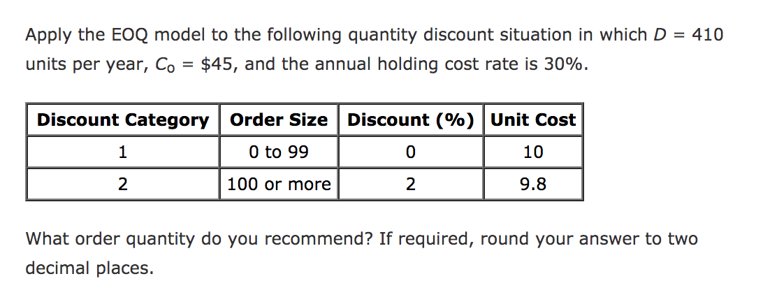 Solved Apply the EOQ model to the following quantity | Chegg.com