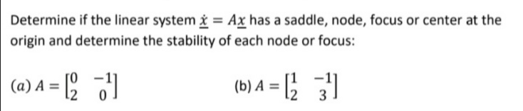 Solved Determine if the linear system x˙=Ax has a saddle, | Chegg.com