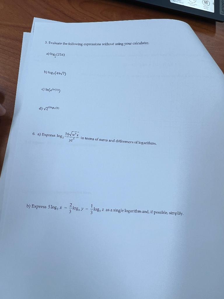 Solved 5. Evaluate the following expressions without using | Chegg.com