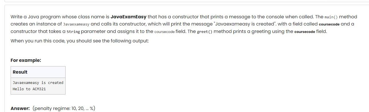 Solved Write a Java program whose class name is JavaExamEasy | Chegg.com