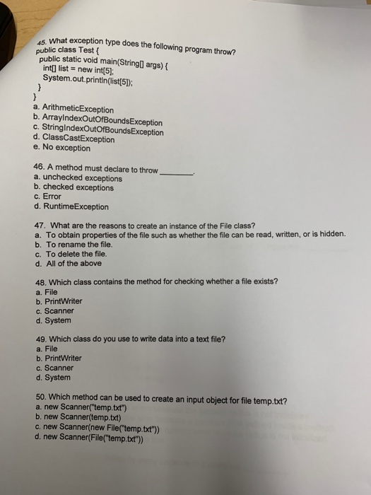 Solved What exception type does the following program throw? | Chegg.com