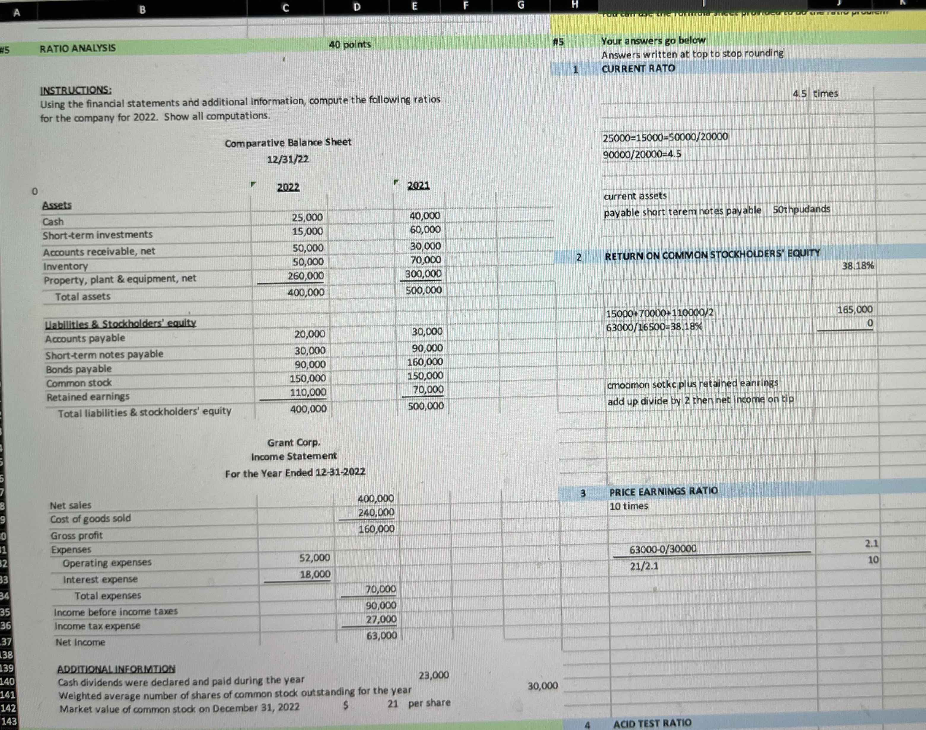 Solved RATIO ANALYSIS 40 points Your answers go below | Chegg.com