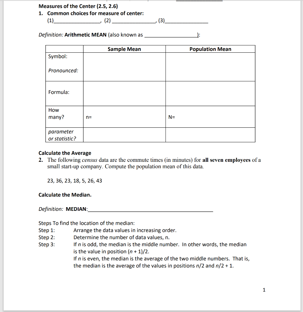 Solved Measures of the Center (2.5,2.6) 1. Common choices | Chegg.com