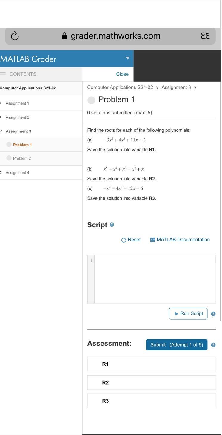 Solved grader.mathworks.com EE MATLAB Grader CONTENTS Close | Chegg.com