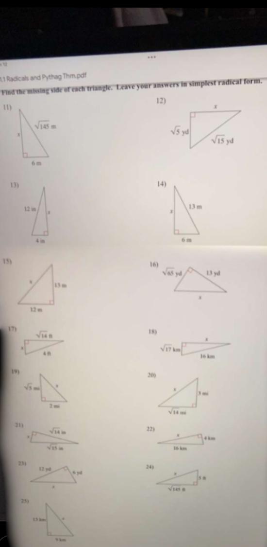 Solved 1. Radcats and Pythag Thmpot Fisd the miesing side of | Chegg.com