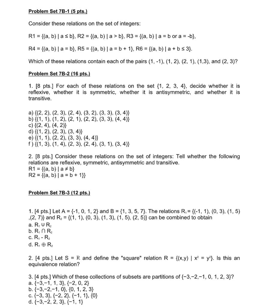 Solved Problem Set 7B-1 (5 pts.) Consider these relations on | Chegg.com