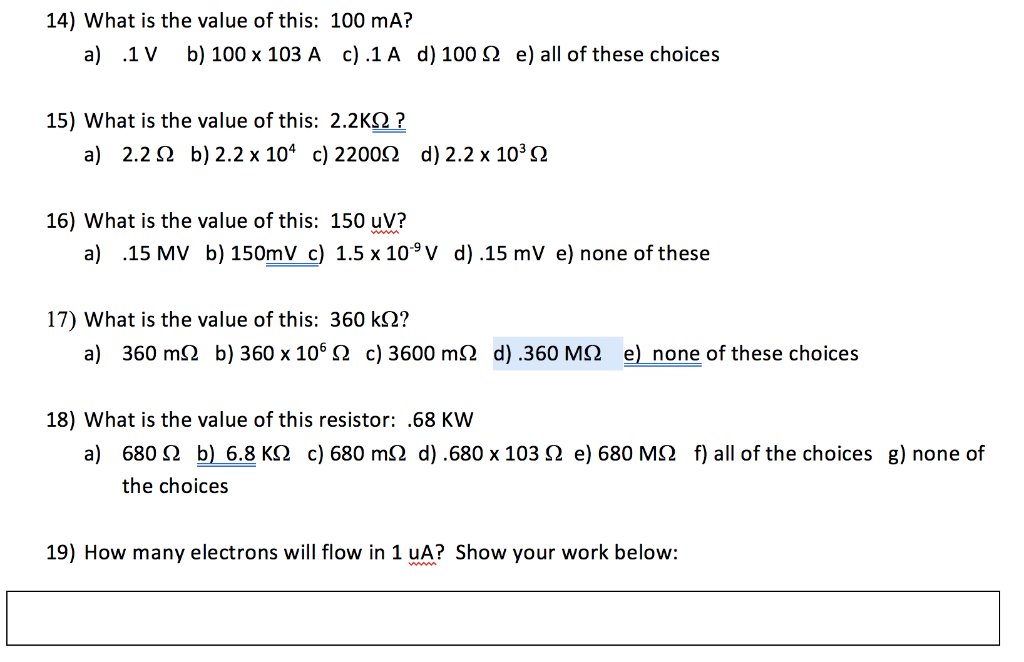 Solved 14) What is the value of this: 100 mA? a) .1V b) 100 | Chegg.com