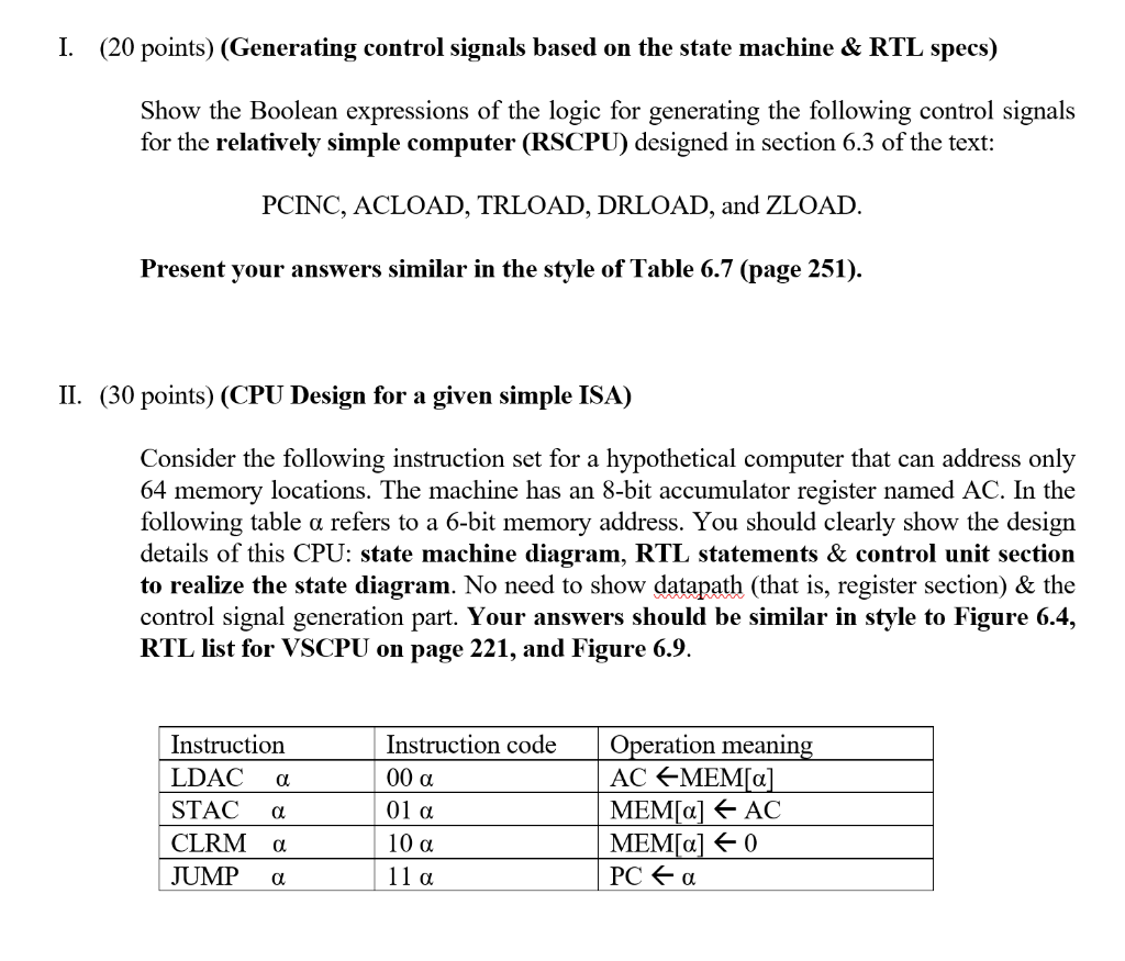 I. (20 points) (Generating control signals based on | Chegg.com