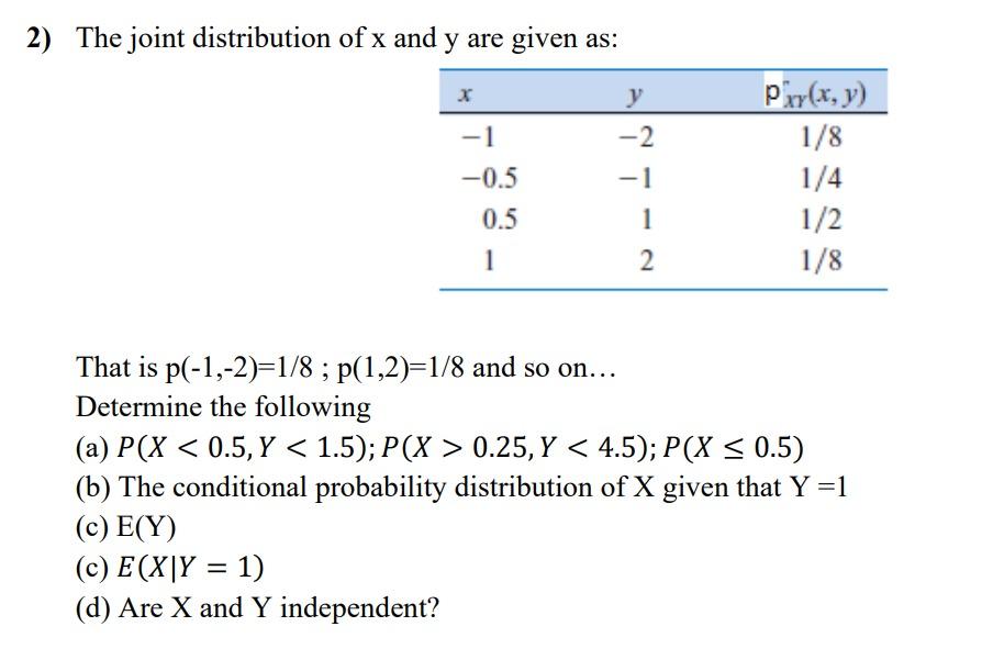 Solved 2) The joint distribution of x and y are given as: | Chegg.com