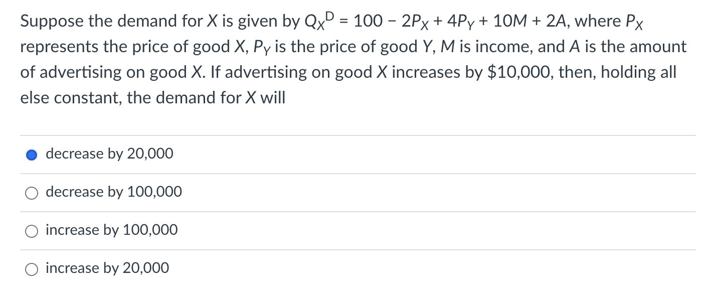 Solved Suppose the demand for X is given by QxD = 100 - 2Px | Chegg.com