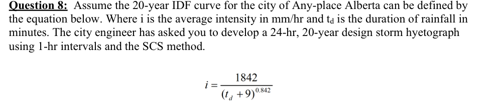 Solved Question 8: Assume the 20-year IDF curve for the city | Chegg.com