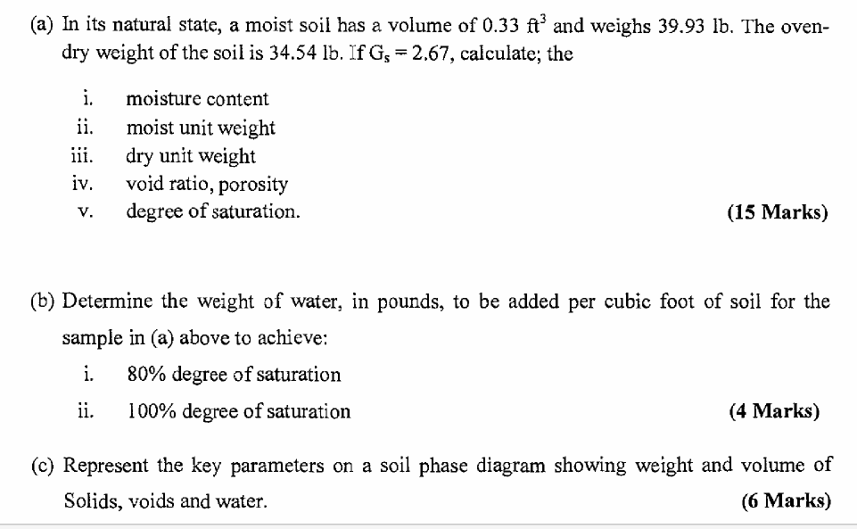 Solved (a) In its natural state, a moist soil has a volume | Chegg.com