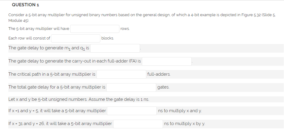 Solved QUESTION 1 Consider a 5-bit array multiplier for | Chegg.com