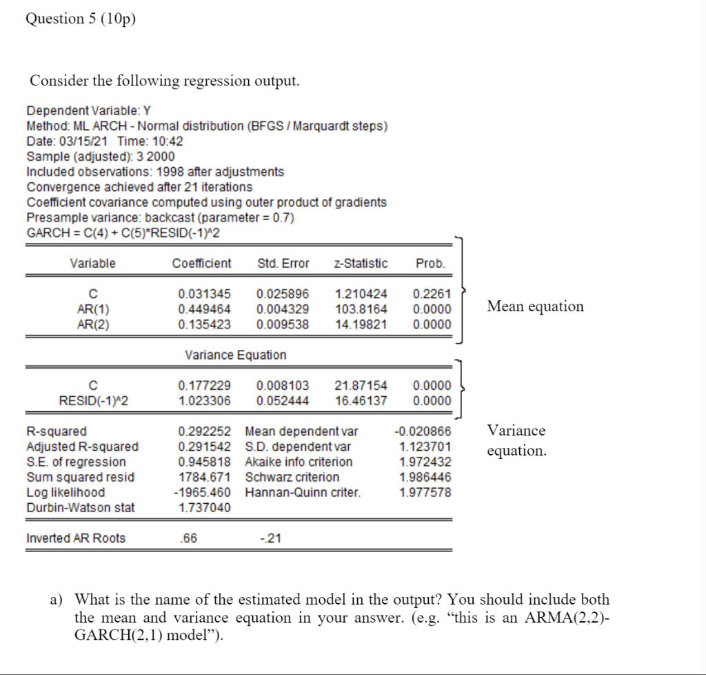 Solved Question 5 (10p) Consider the following regression | Chegg.com