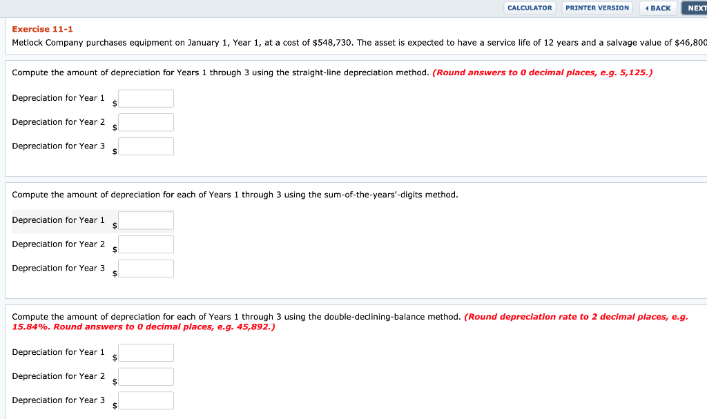 Solved CALCULATOR PRINTER VERSION BACK NEXT Exercise 11-1 | Chegg.com
