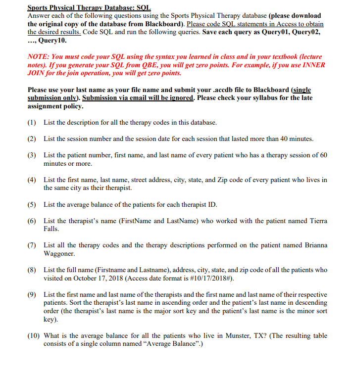 Solved Sports Physical Therapy Database: SOL Answer each of | Chegg.com