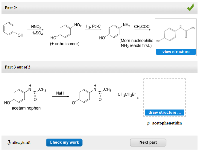 Solved Part 2: NOZ Hz, Pd-C NH2 CH3COCI сн. HNO3 H2SO4 OH HO | Chegg.com