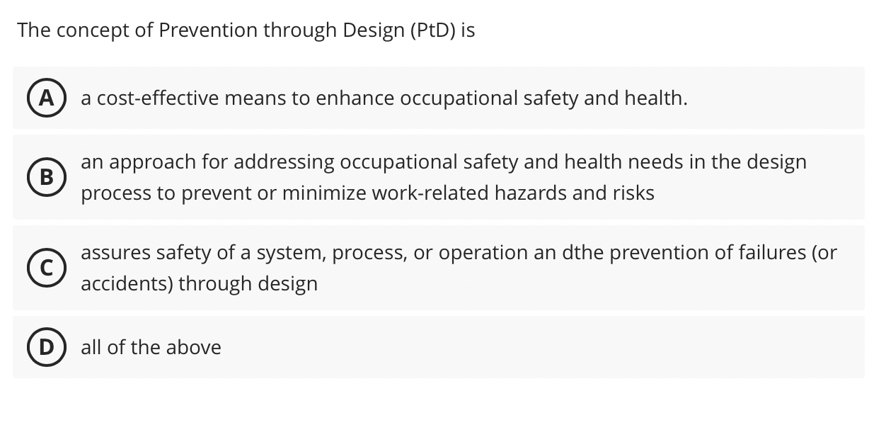 Solved The concept of Prevention through Design (PtD) is a | Chegg.com