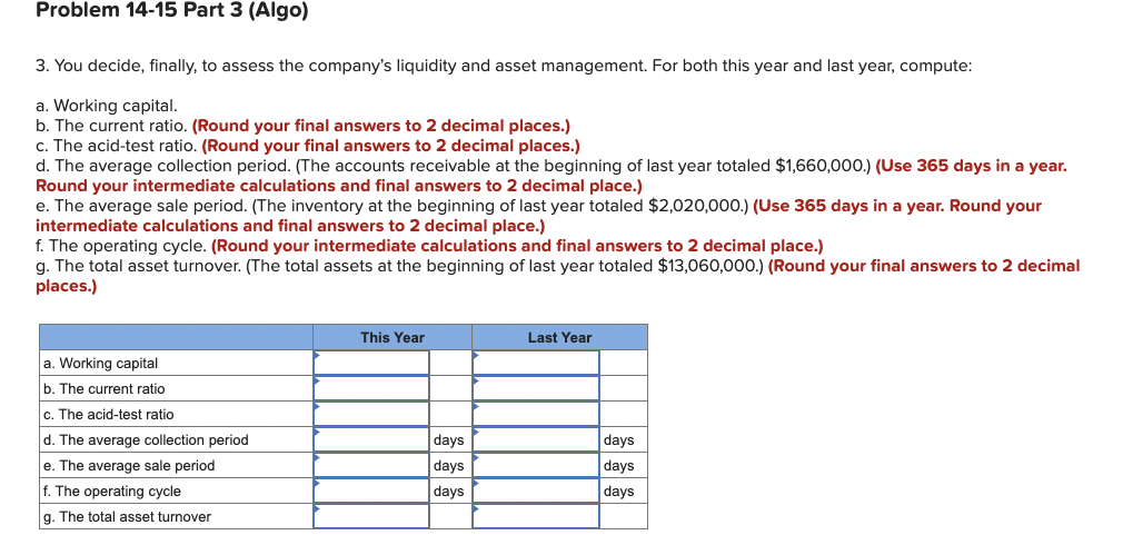 Solved Problem 14-15 (Algo) Comprehensive Ratio Analysis | Chegg.com