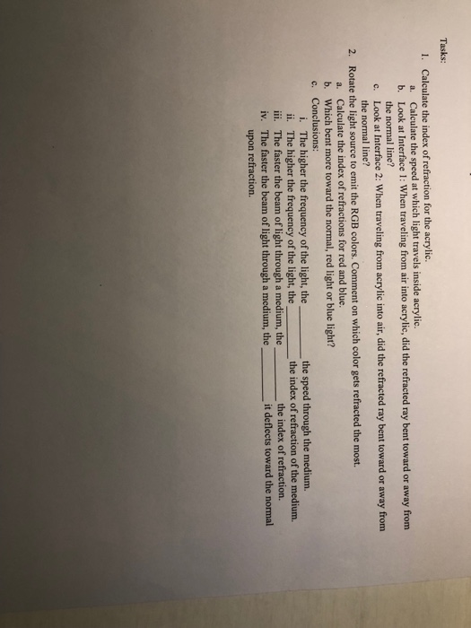 Solved Tasks: 1. Calculate the index of refraction for the | Chegg.com